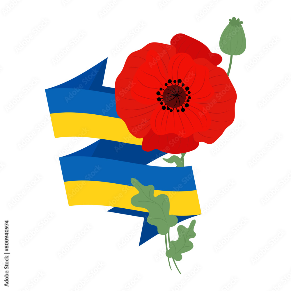 Ukrainian yellow and blue flag with red poppy flower. Vector ...