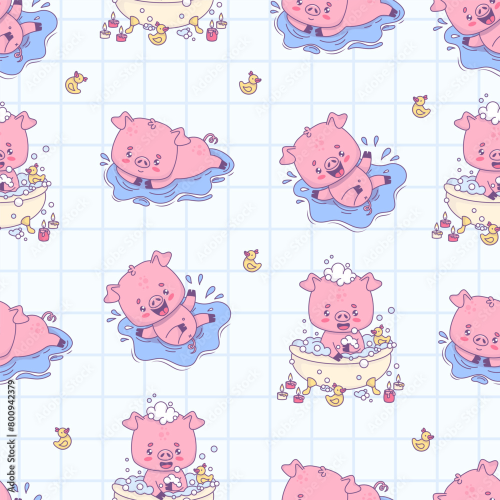 Seamless pattern with bathing pigs. Smiling piggy splashes in water and ...