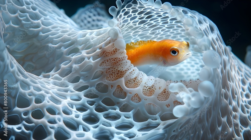 Underwater creature background. Pyrosome with cute baby fish seeking ...