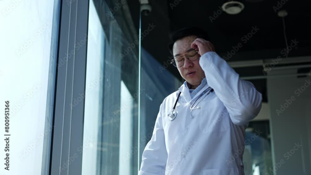 Stressed male surgeon approaching window and taking off glasses while ...