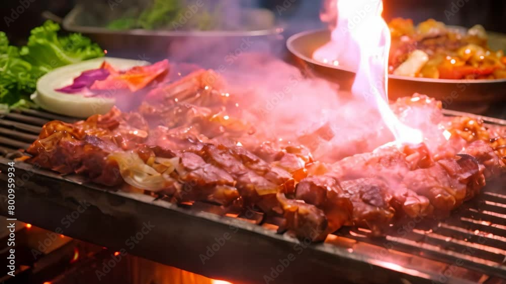 A bbq grill with meat and vegetables cooking on it, creating a mouth ...