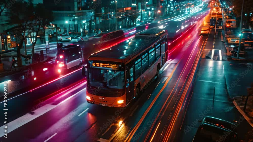 A vibrant red bus moves through the cityscape under the dark of night ...