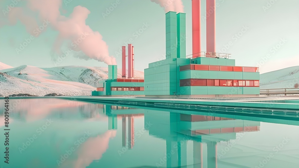 Geothermal energy plant with smokestacks producing water vapor for ...