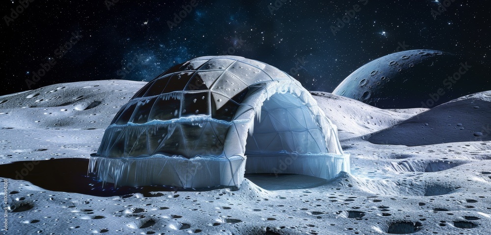 Lunar igloo under a starry sky, blending into the moon's rugged terrain ...
