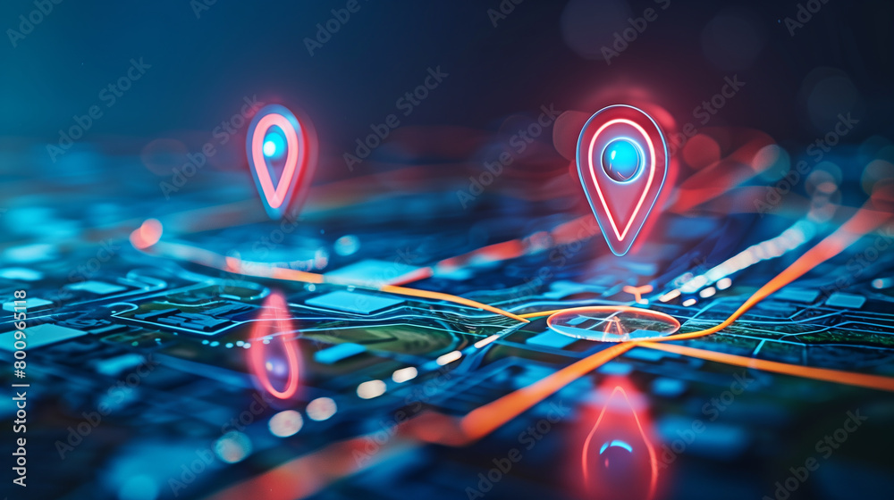 Digital hand set location on map with two pins. AI technology in GPs ...