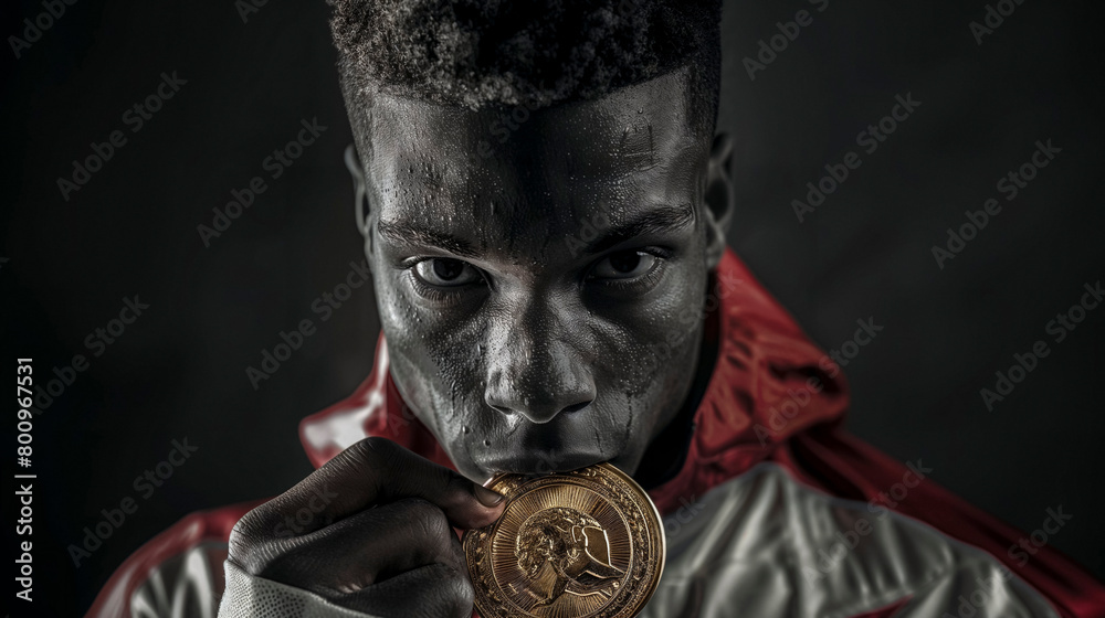 Determined male athlete with a gold medal, a powerful symbol of victory ...