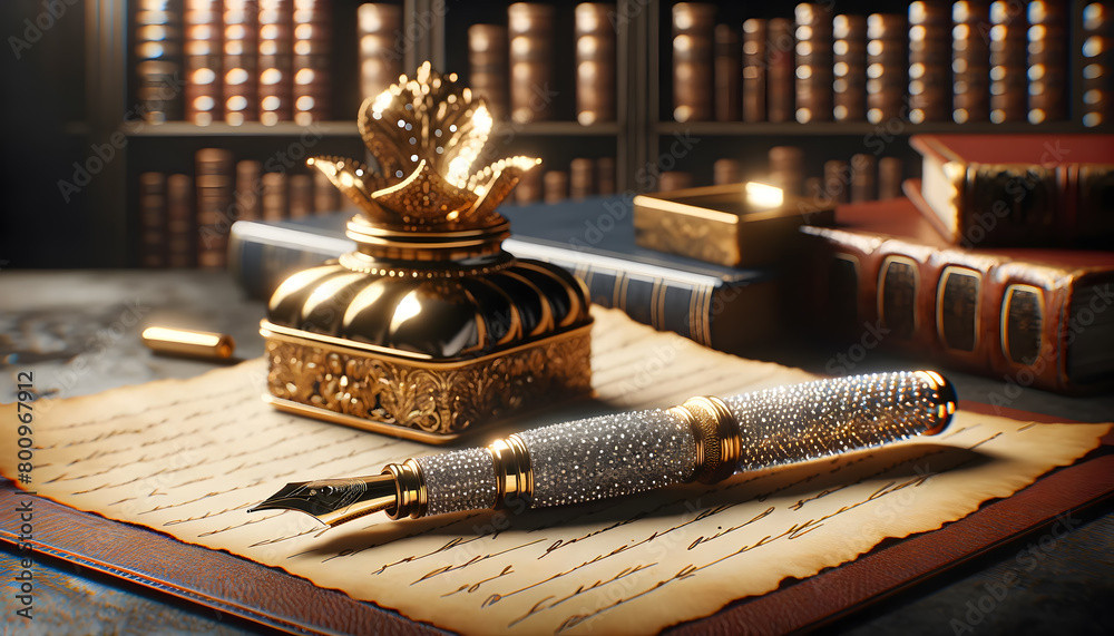 concept of wealth, a luxurious diamond encrusted fountain pen next to a ...