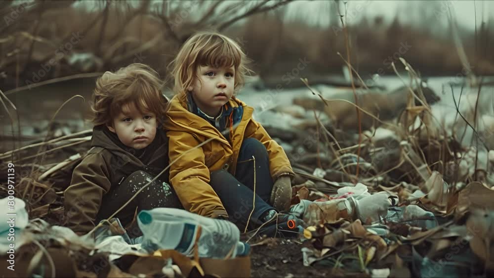 Polluted world. Garbage and waste. Children suffer from pollution ...