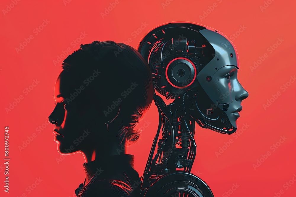 Design a visually stunning image showcasing a robot and a person in ...