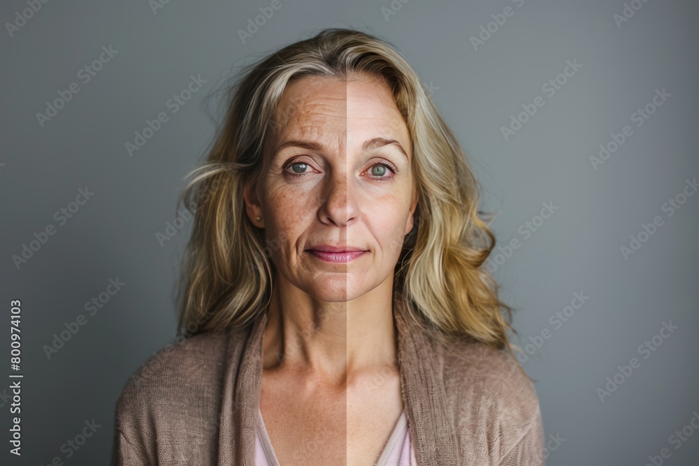 Premature aging support, portrait halves show signs of aging, proactive ...