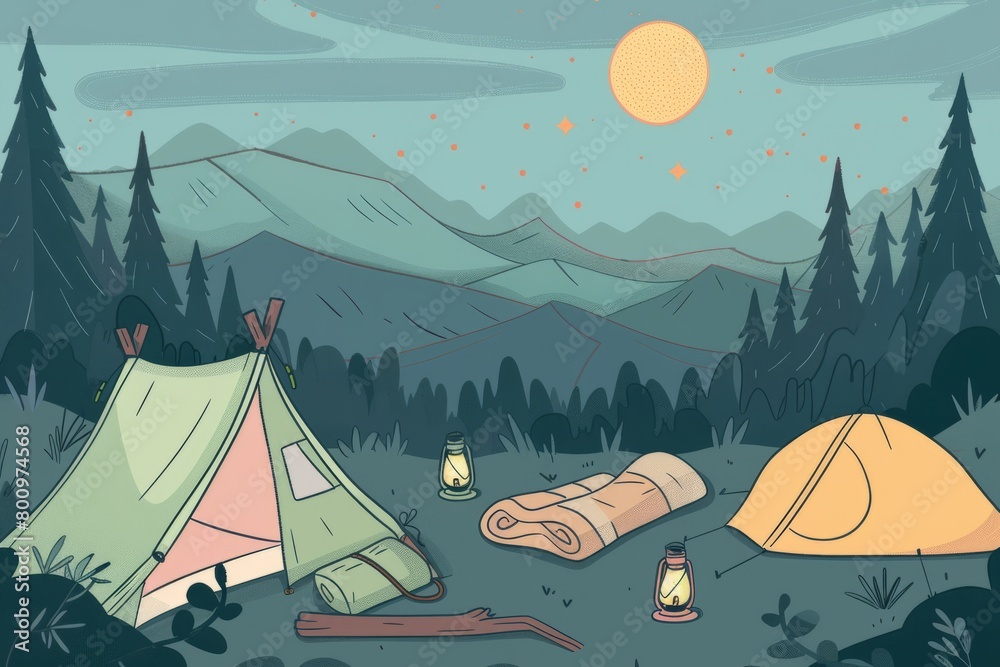 Cartoon cute doodles of campers pitching tents and setting up camp in a ...