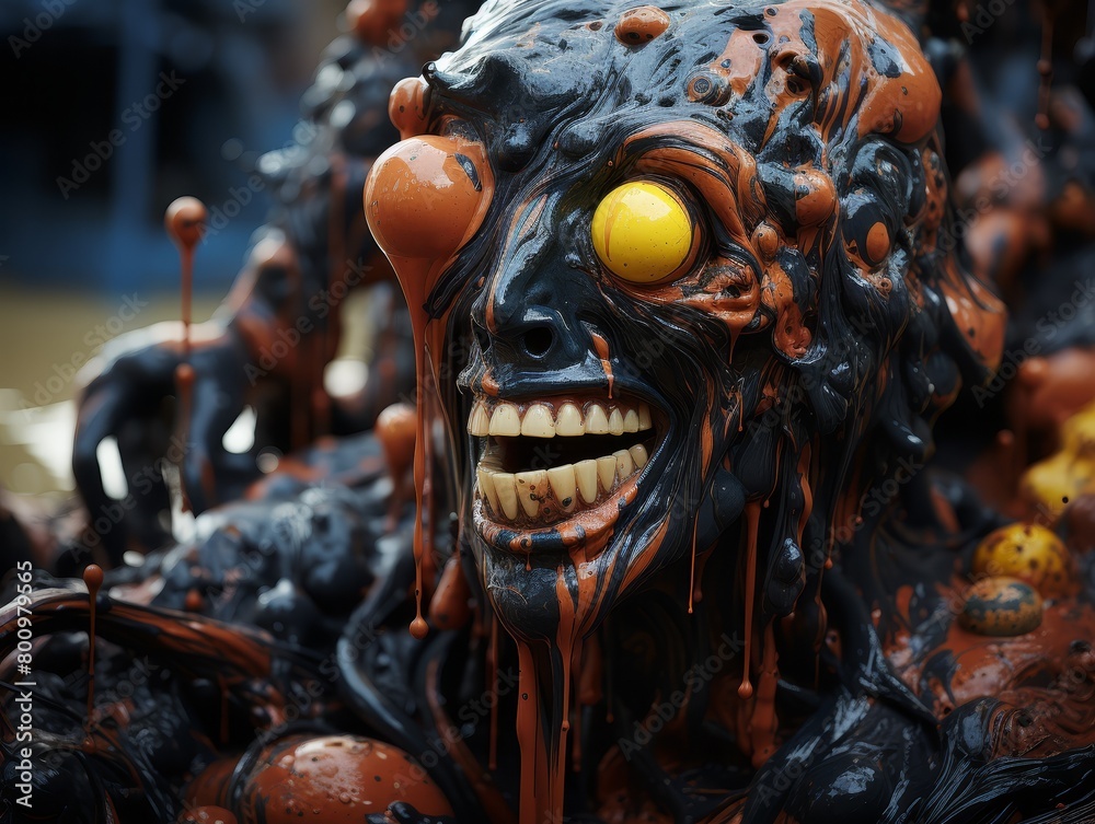 The photo shows a close-up of a zombie's face. The zombie is covered in ...