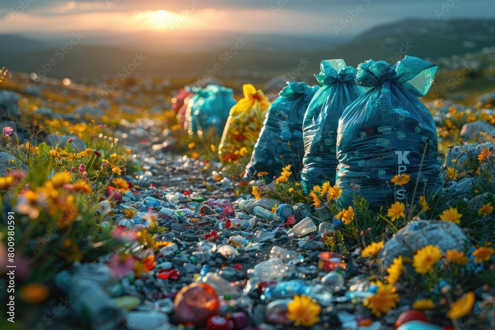 Plastic Bags With Garbage. Piles of garbage in the forest, random ...