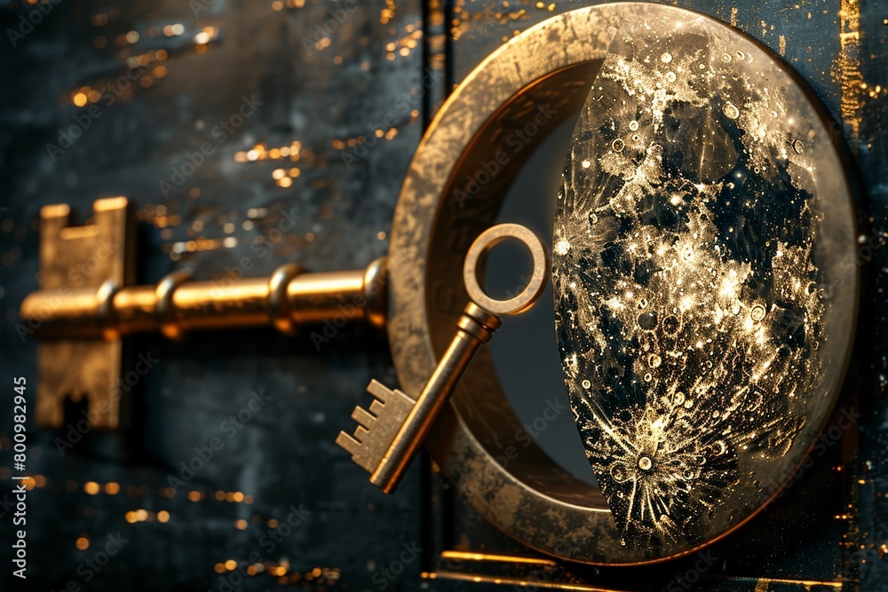 Golden keyhole in the shape of the moon, with a stock chart key trying ...