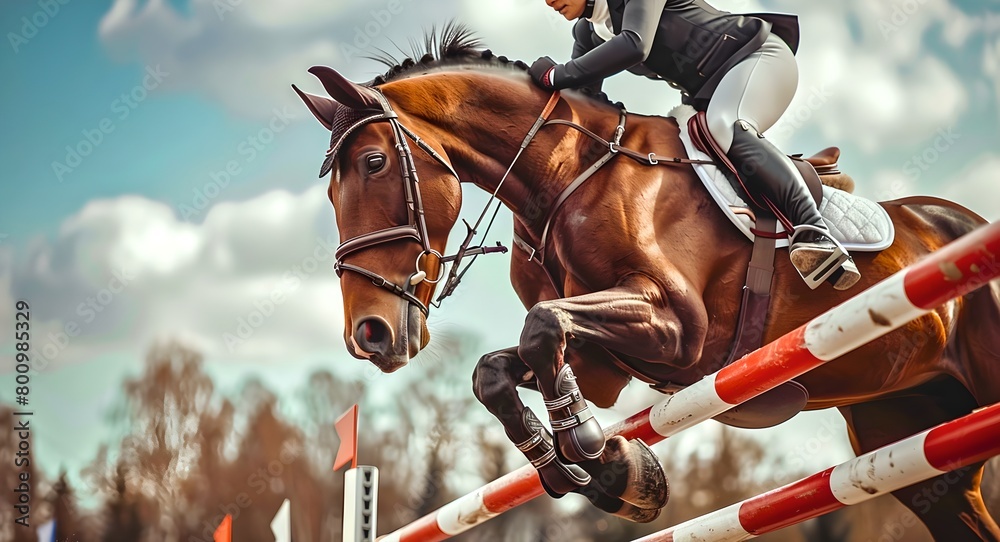Equestrian athlete in action, jumping a horse over obstacle. Capturing ...