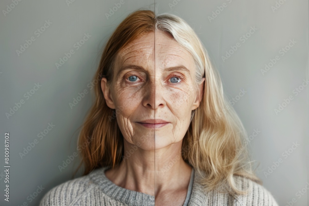 Aging divide in sun lotion application shows facial features in old and ...