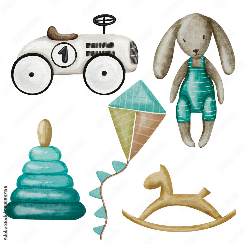 Retro, vintage baby toys clipart, bunny toy, retro car, wooden horse ...