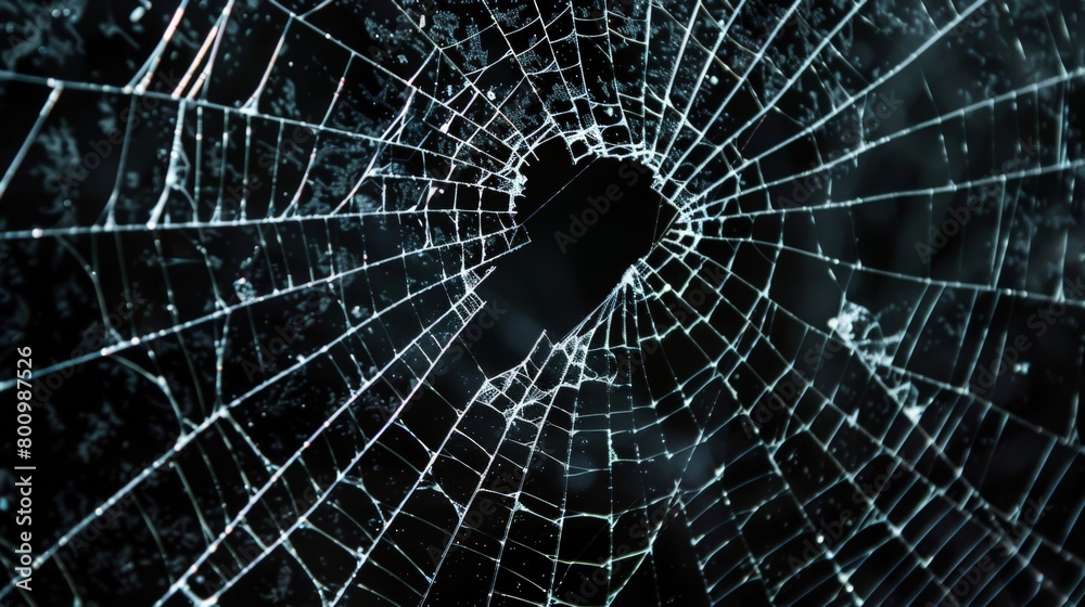 Abstract pattern of spider-web cracks emanating from a central hole in ...