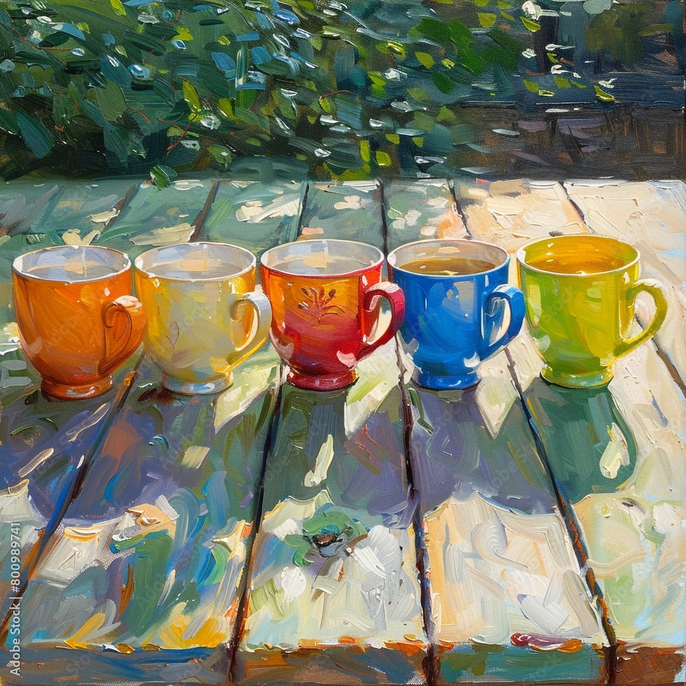 Foto de On a sunlit patio table, cups transform from frosty winter ...