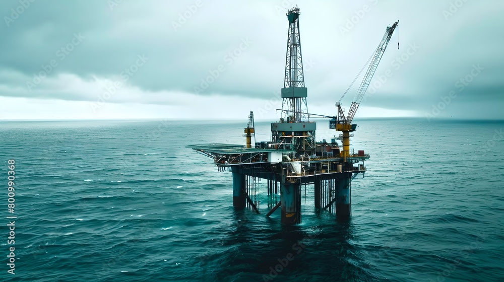 Offshore oil rig in the vast ocean under overcast skies. Industrial ...