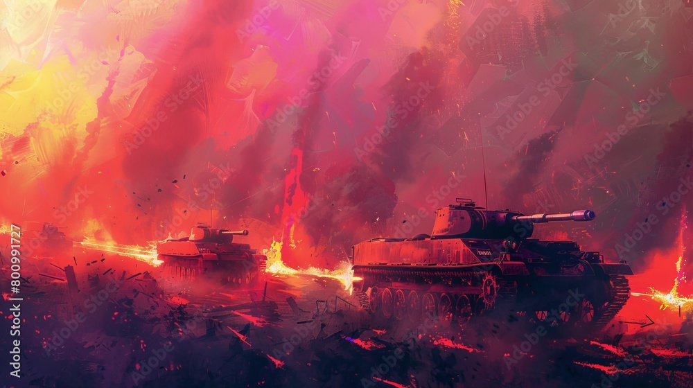 Digital Painting of Mark I tanks advancing in a smoky WWI battlefield ...