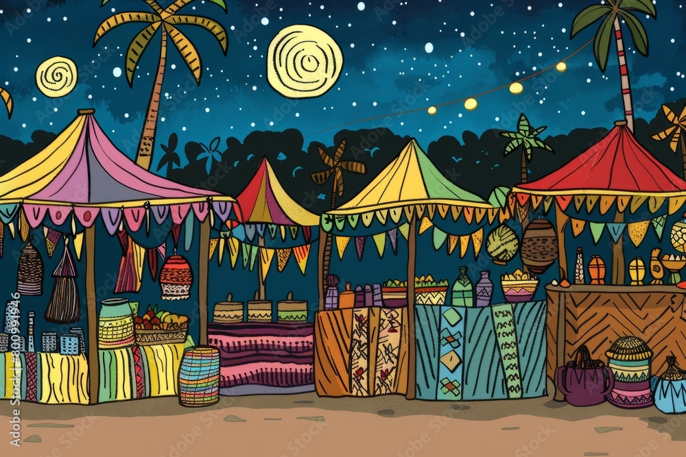 Cartoon cute doodles of a safari-themed night market, with stalls ...