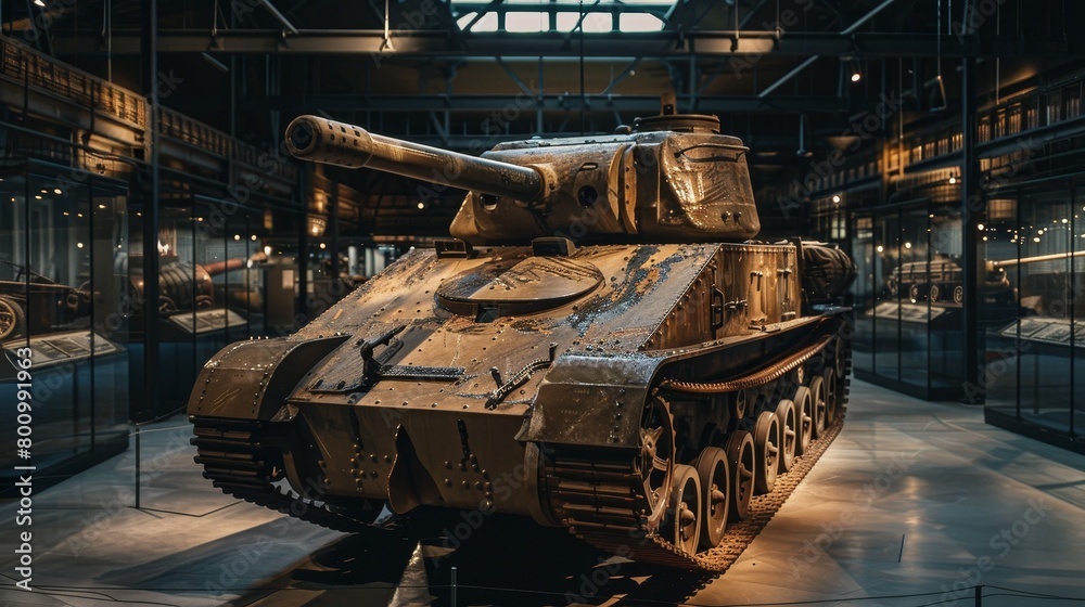 Photorealism of a meticulously restored WW2 tank on display in a museum ...