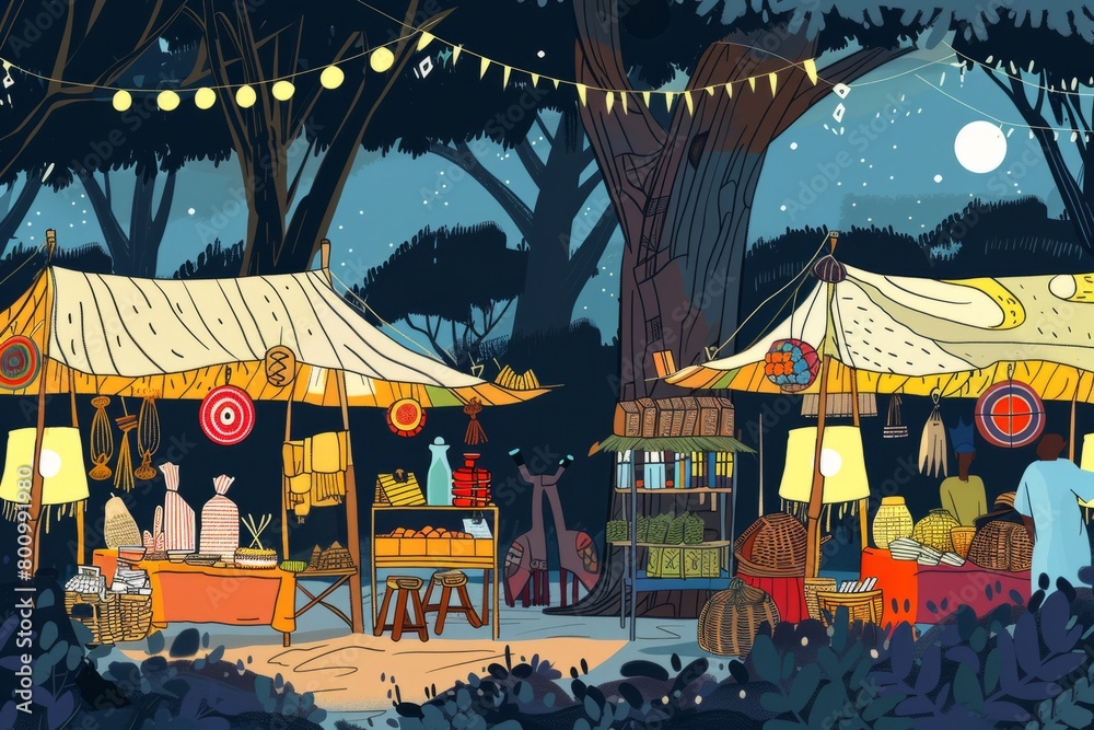 Cartoon cute doodles of a safari-themed night market, with stalls ...