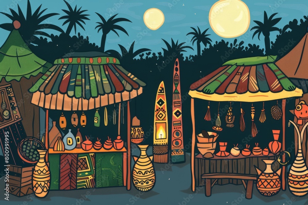 Cartoon cute doodles of a safari-themed night market, with stalls ...