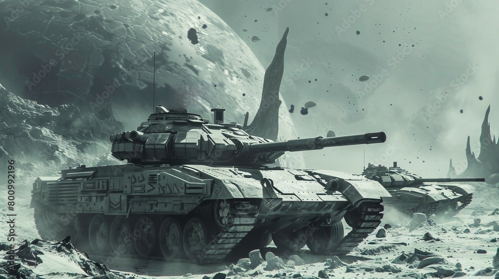 Surrealism of a tank battle in an alien landscape, with tanks using ...
