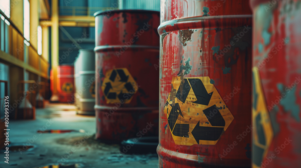 Radioactive waste barrels with hazard symbols in secure industrial ...