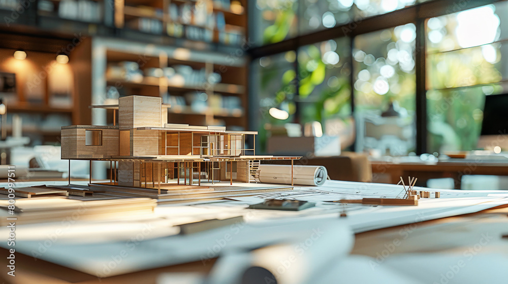 Architectural Blueprints and Models on a Designer's Workspace.Blueprint ...