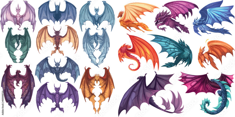 Cartoon dragon wings. Angel devil dragon bat fairy tail mythical ...