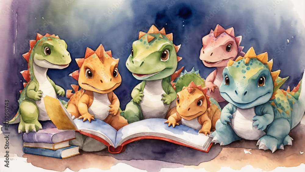 Two cartoon dinosaurs are sitting on a book. The dinosaur on the left ...