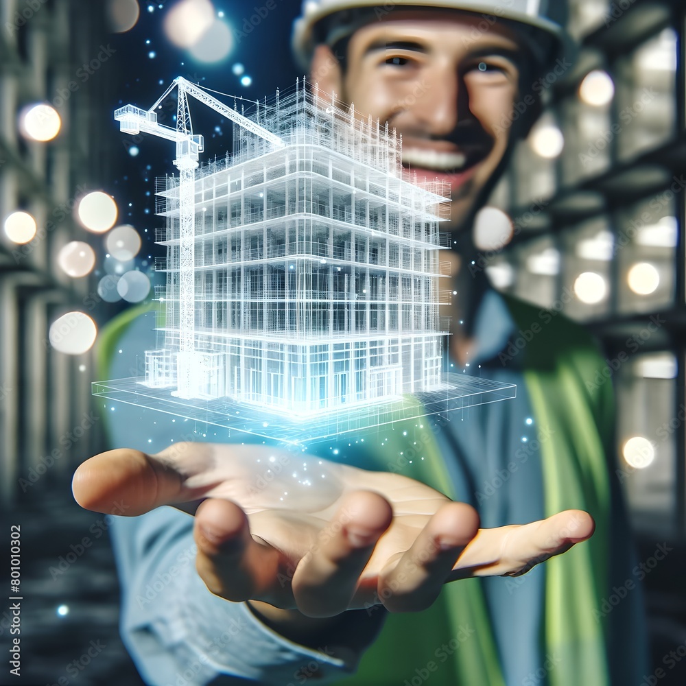 Joyful Civil Engineer with Holographic Building Structure, Blurry ...