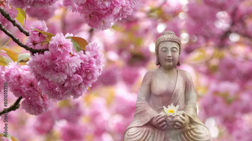 buddha statue in cherry blossom in spring garden, wafting branches in ...