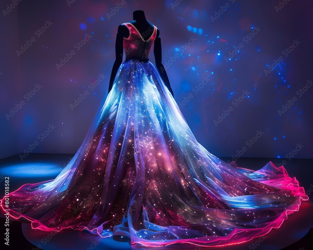 Design a dress that looks like the night sky, with stars and galaxies ...