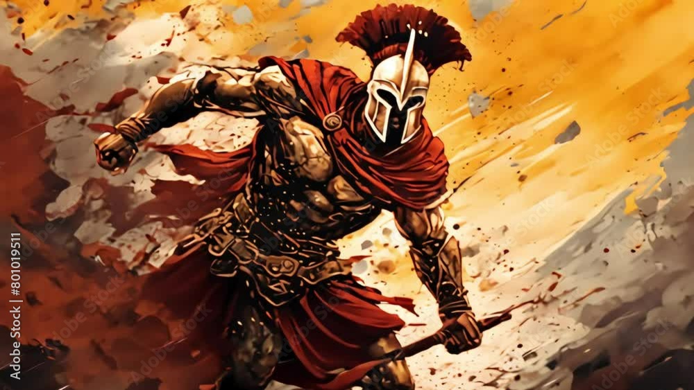 A gladiator in golden armor and a helmet with red feathers, a red cape ...