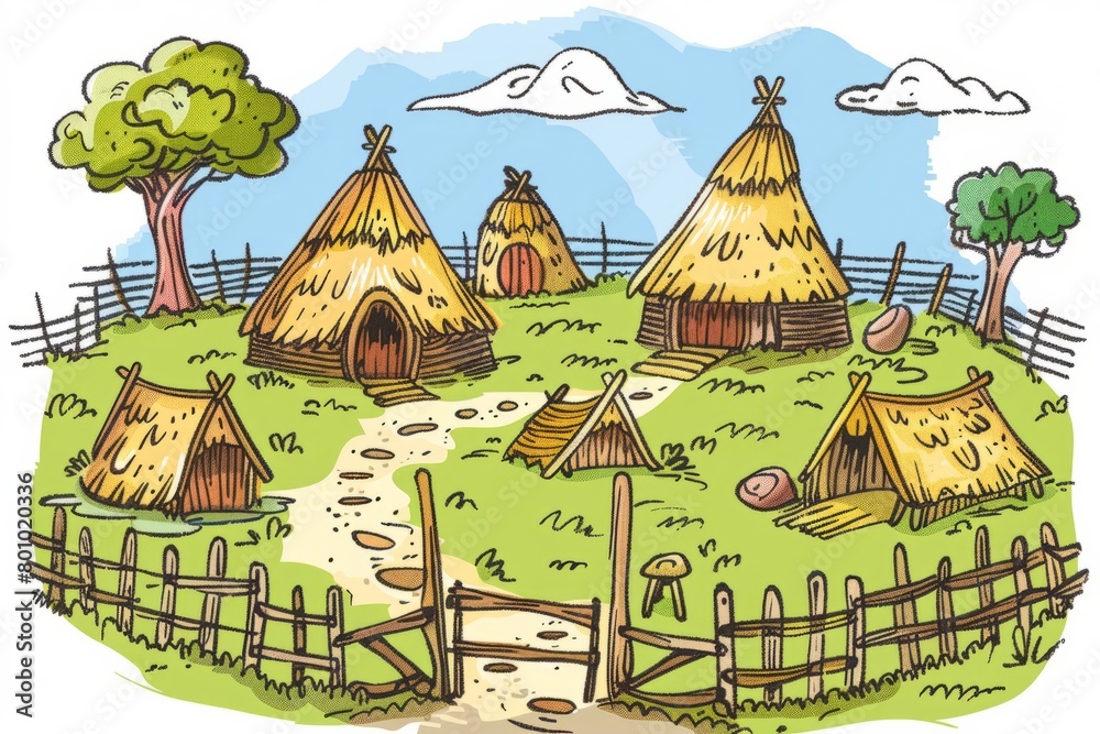 Cartoon cute doodles of prehistoric villages with thatched-roof huts ...