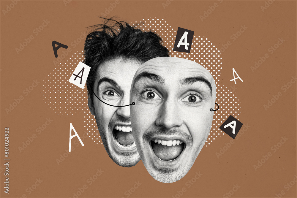 Composite photo collage of mad crazy guy scream mask bipolar burnout ...