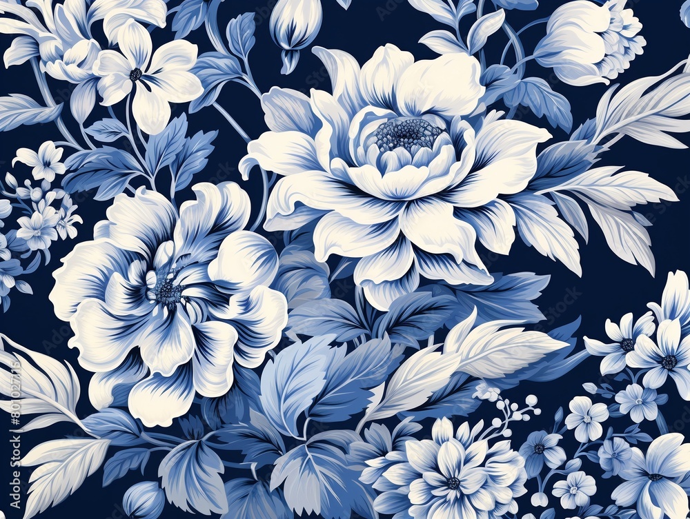 Classic blue and white floral repeating pattern, vectorized for highend ...