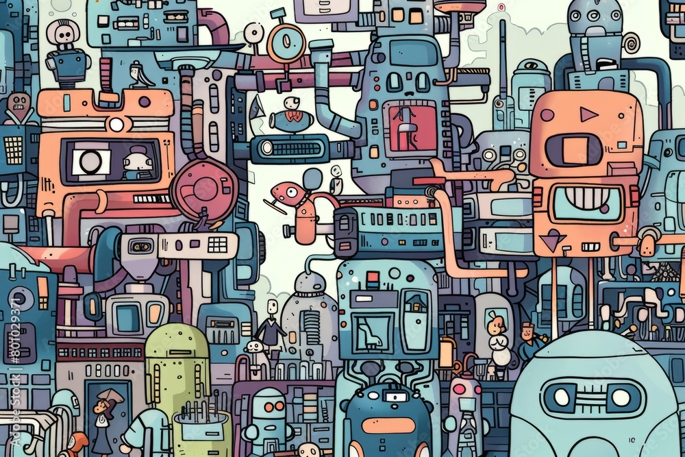 Cartoon cute doodles of a bustling cityscape where robots rule and ...