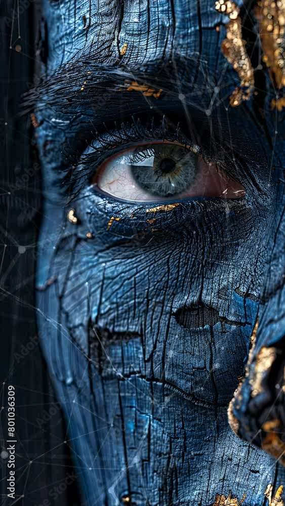Blue wood face with gold fire veins. Fashion model. Cinematic style ...