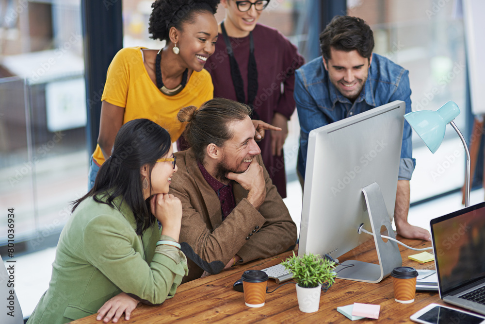 Teamwork, thinking and man with computer in office, colleagues and ...