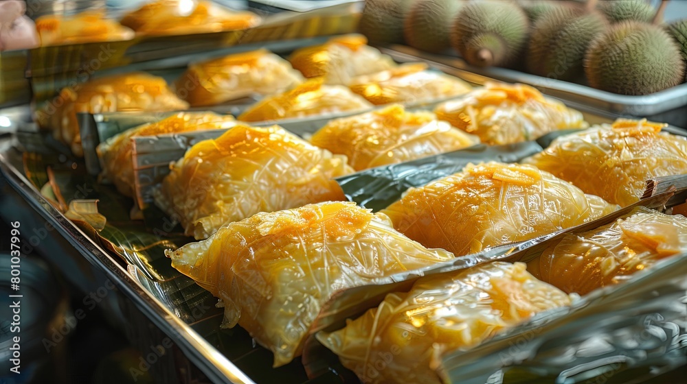 A traditional Thai dessert stall featuring rows of freshly made durian ...