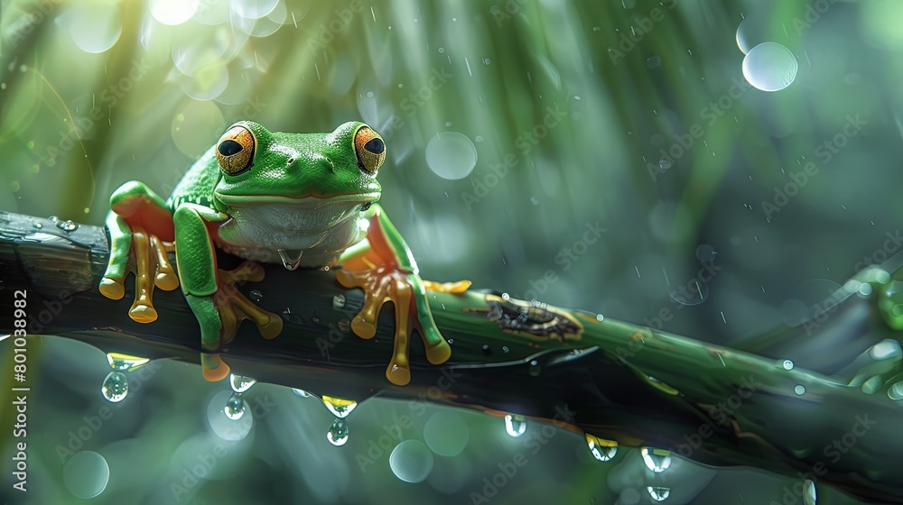 An enchanting scene of a tree frog resting on a dew-covered branch in a ...