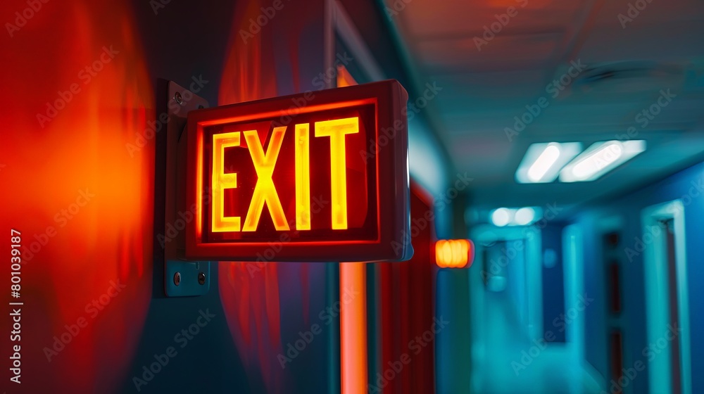An illuminated exit sign in a commercial building, highlighting the ...