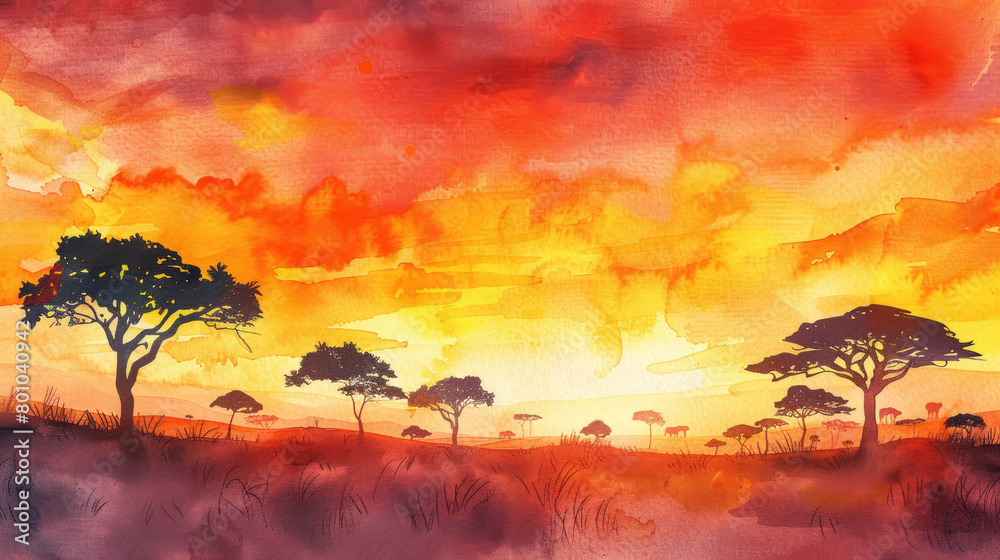 Watercolor painting depicting the beauty of the savanna with the ...