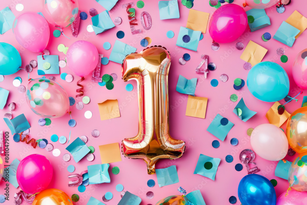 Number 1 happy birthday background. Foil party balloon with confetti ...