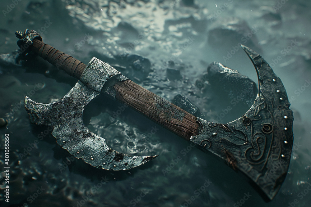 Savage barbarian battle axe, marked with the scars of countless battles ...